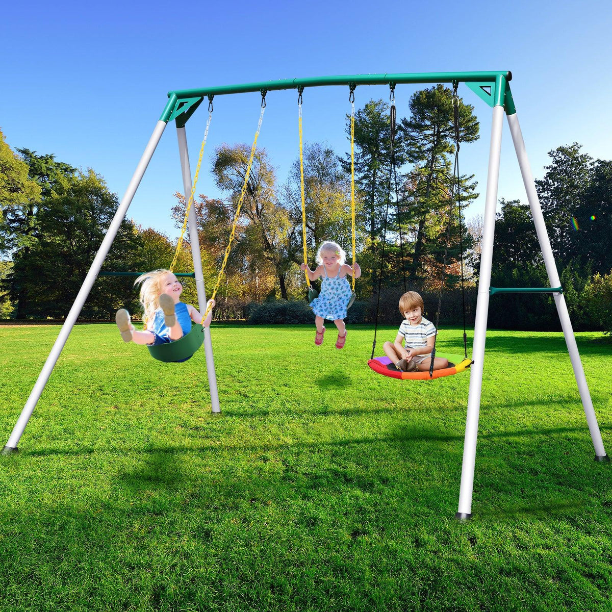 Hapfun 600Lb Heavy Duty A Frame Metal Swing Sets with Three Seats – Autojoy