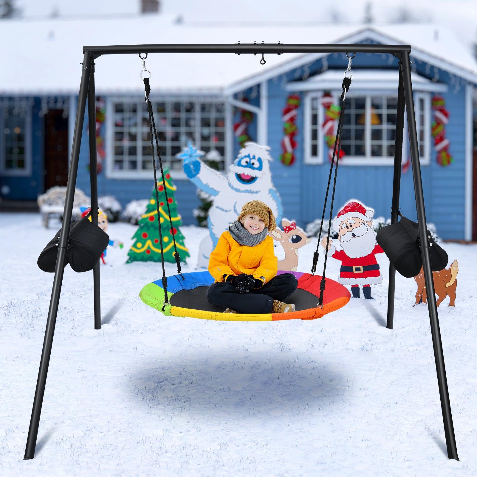 440lbs Outdoor A-Frame Metal Swing Set with Sandbag and Round Swing ...