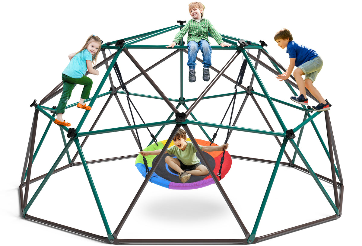 10FT Climbing Dome Swing Set with Saucer Swing, Jungle Gym for Kids Ou ...