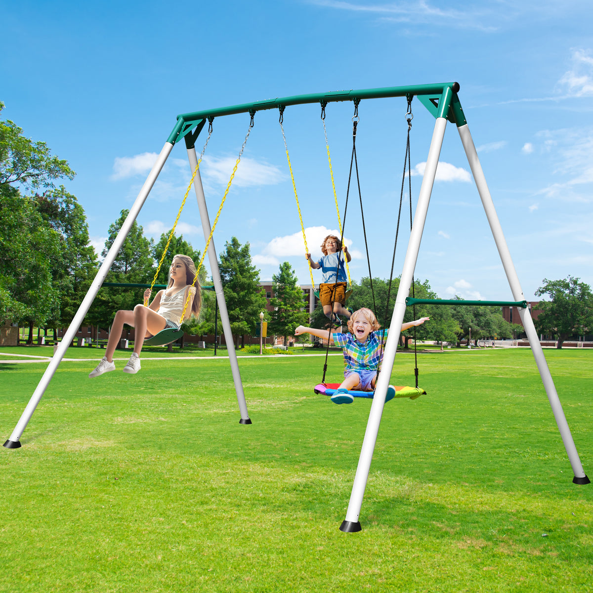Hapfun 660Lb Heavy Duty A Frame Metal Swing Sets with Three Seats – Autojoy